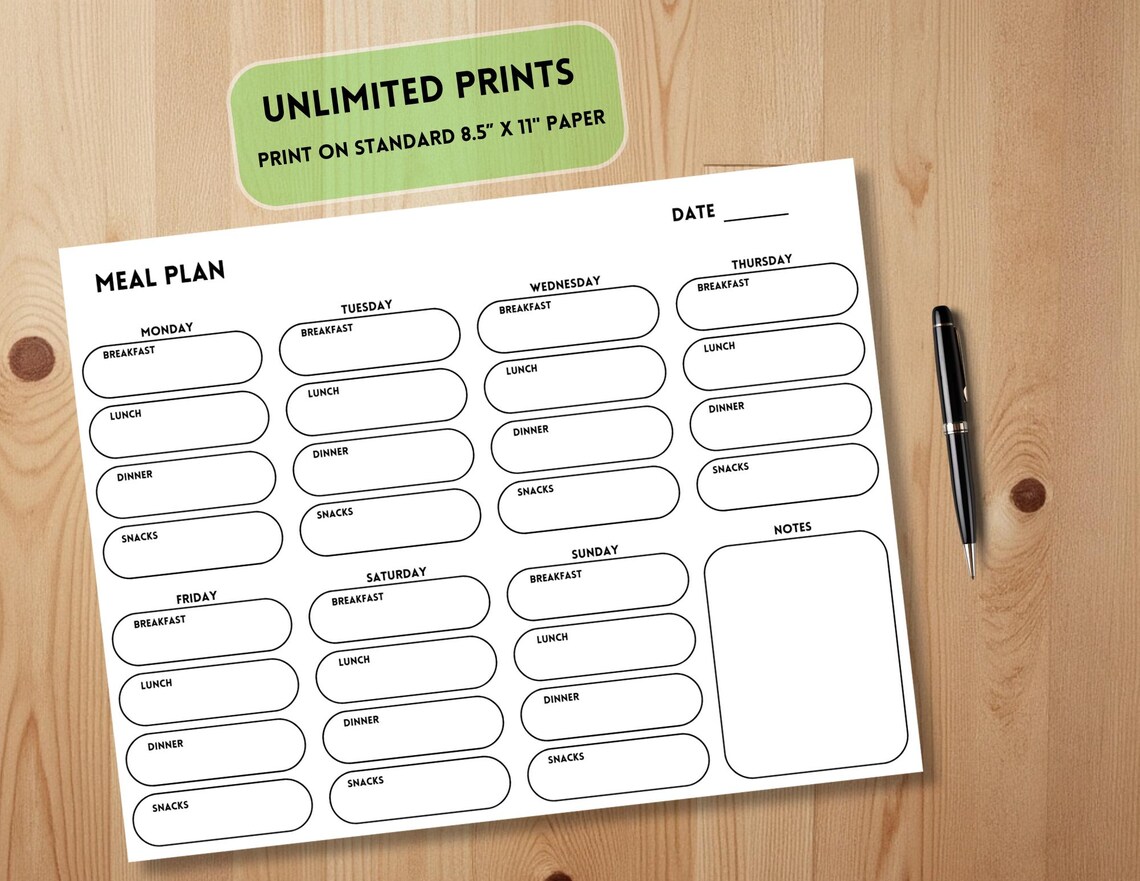 Printable Weekly Meal Planner Landscape, Food Diary, Meal Tracker, Food ...