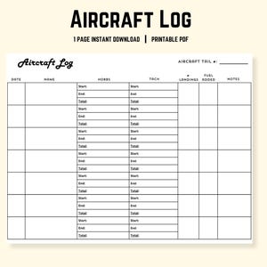 Aircraft Log, Printable Hobbs and Tach Time Log, Aircraft Rental Log - Etsy