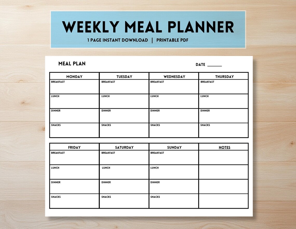 Printable Weekly Meal Planner Landscape, Food Diary, Meal Tracker, Food ...