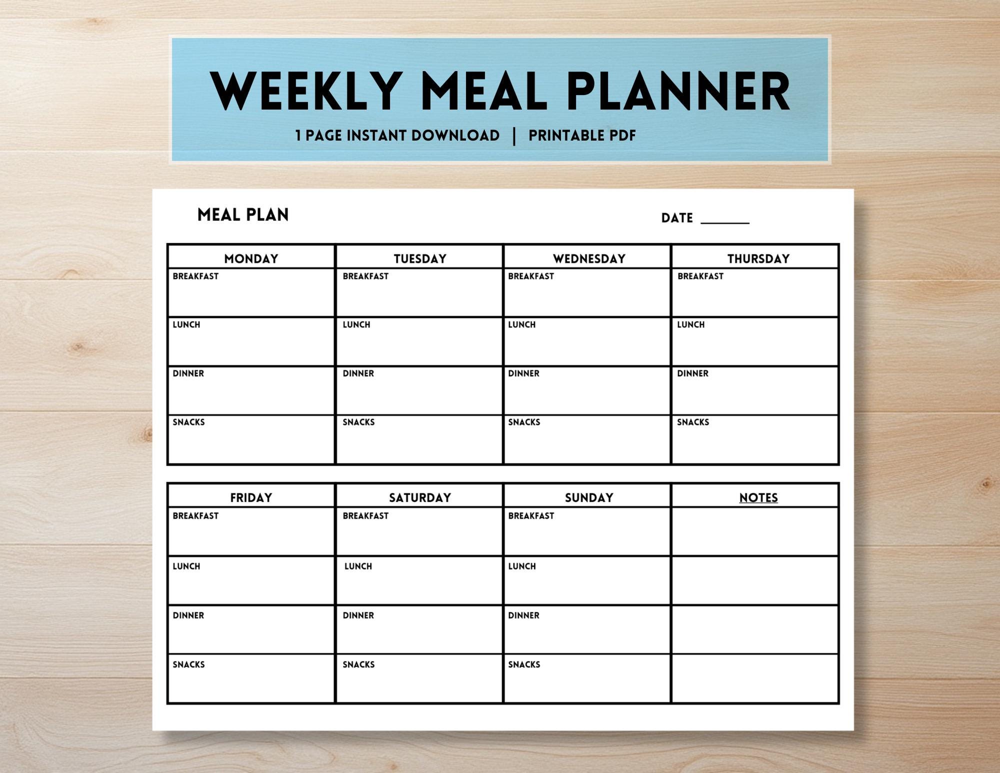 Printable Weekly Meal Planner Landscape, Food Diary, Meal Tracker, Food ...