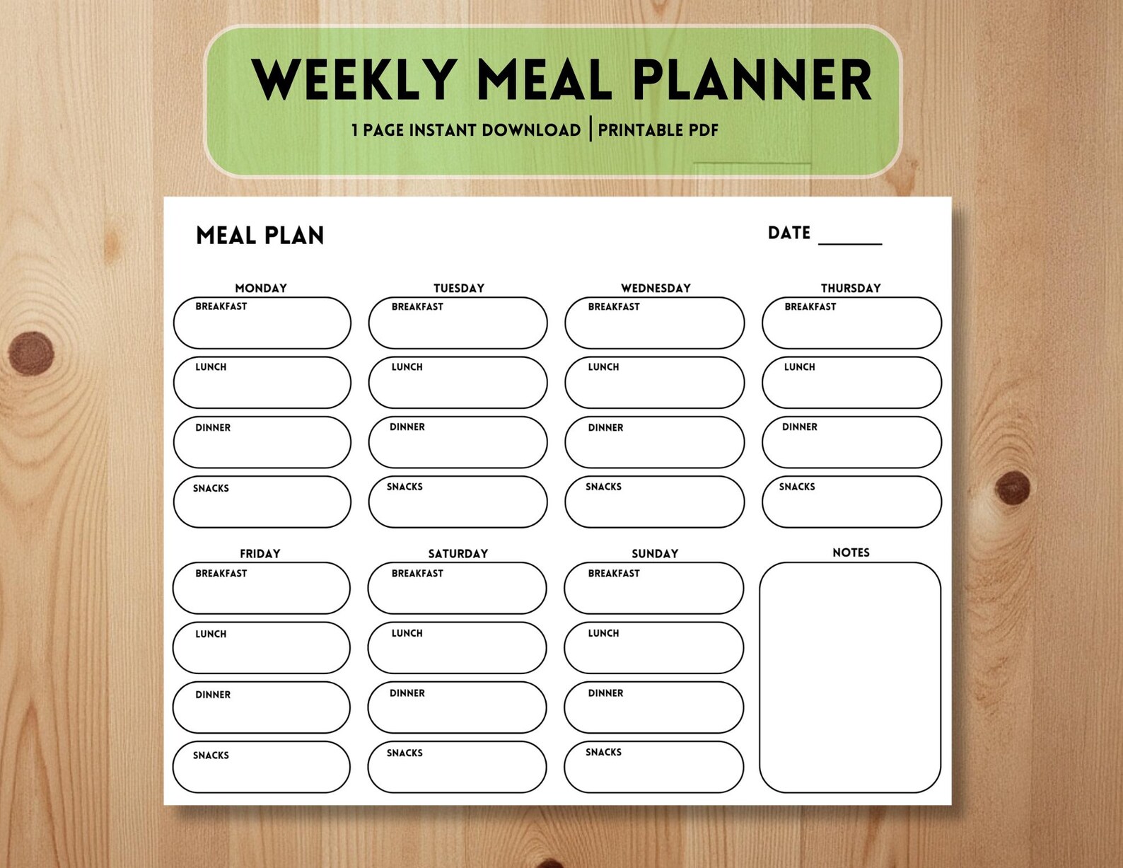 Printable Weekly Meal Planner Landscape, Food Diary, Meal Tracker, Food ...