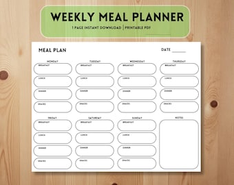 Printable Weekly Meal Planner Landscape, Food Diary, Meal Tracker, Food ...