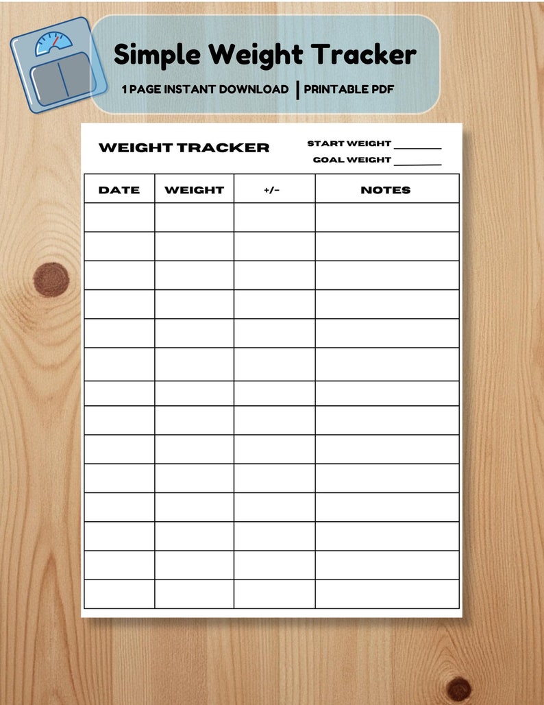 Simple Weight Tracker Printable, Weight Log Template, Weight Loss ...