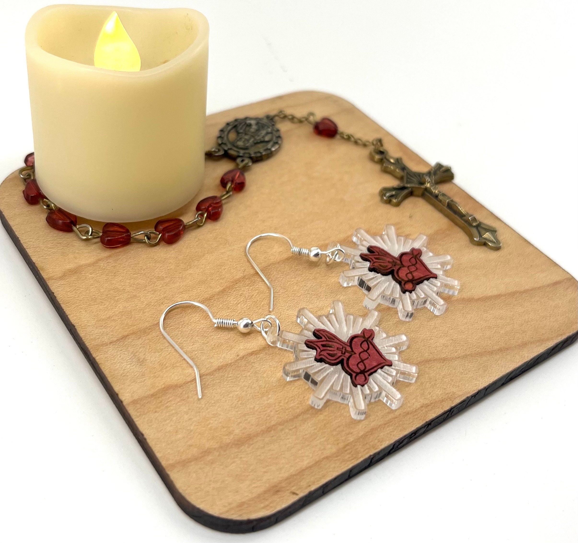 Sacred Heart of Jesus Earrings Dangle Drop Down Laser Etched Wood and ...