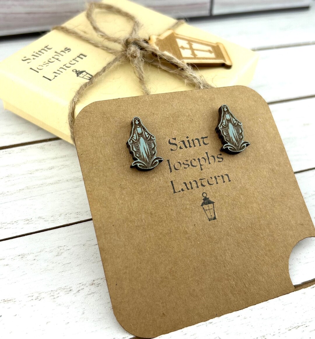 Virgin Mary Catholic Stud Earrings Wood Vintage Blue Catholic Jewelry ...