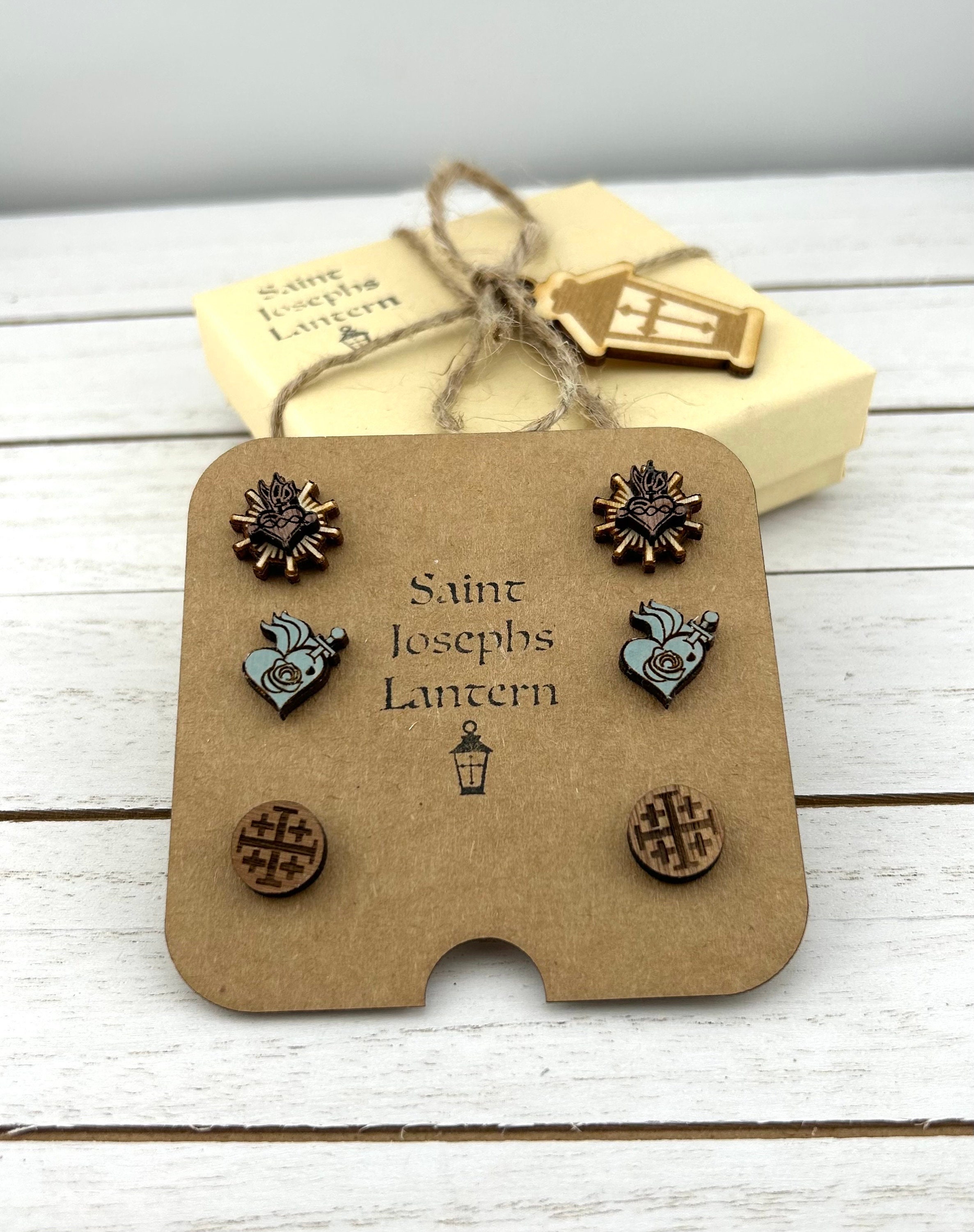 Catholic Stud Earrings, Sacred Heart of Jesus, Jerusalem Cross, and ...