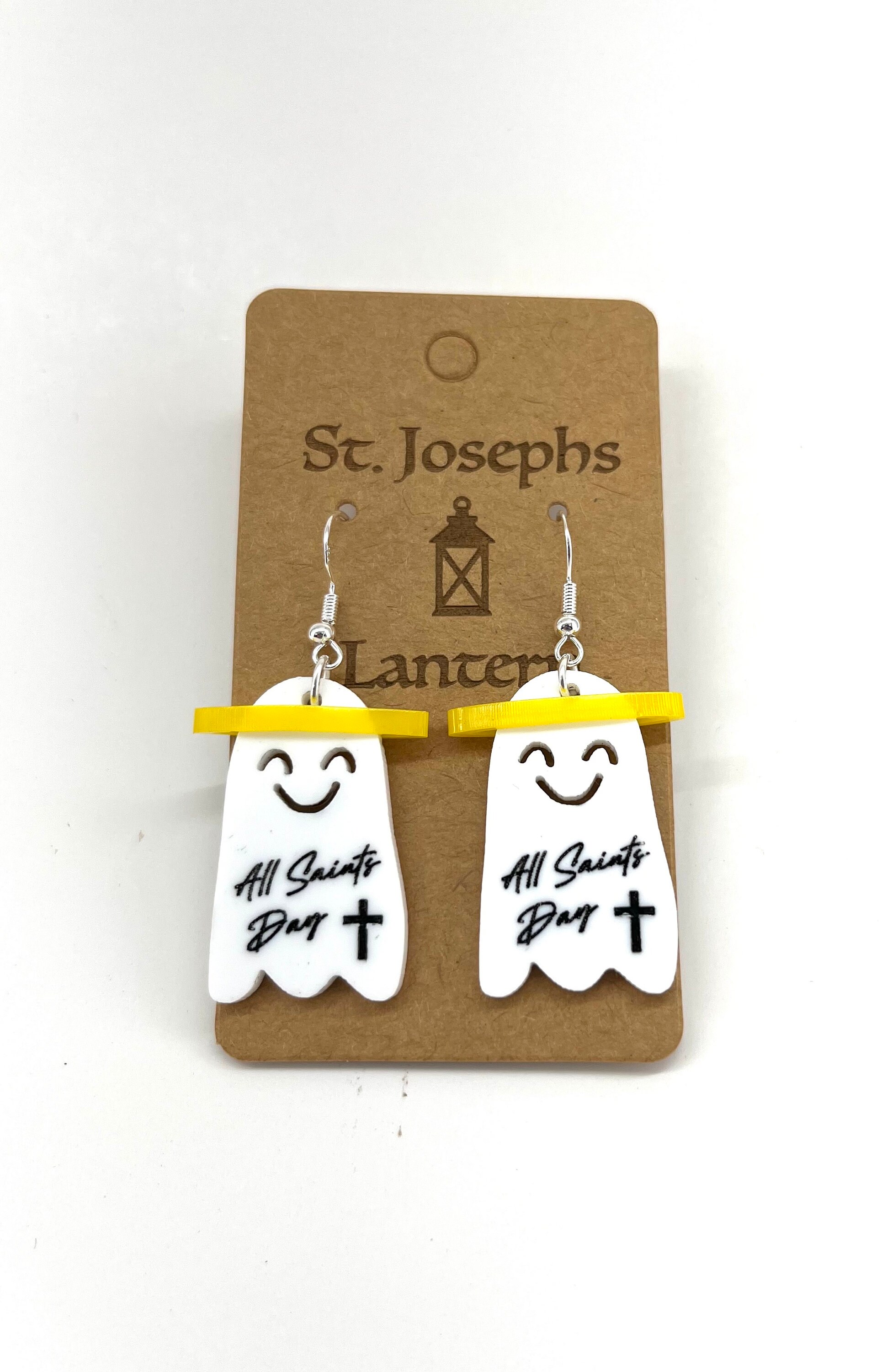 All Saints Day Cute Ghost With Yellow Halo. Laser Etched Dangle Drop ...