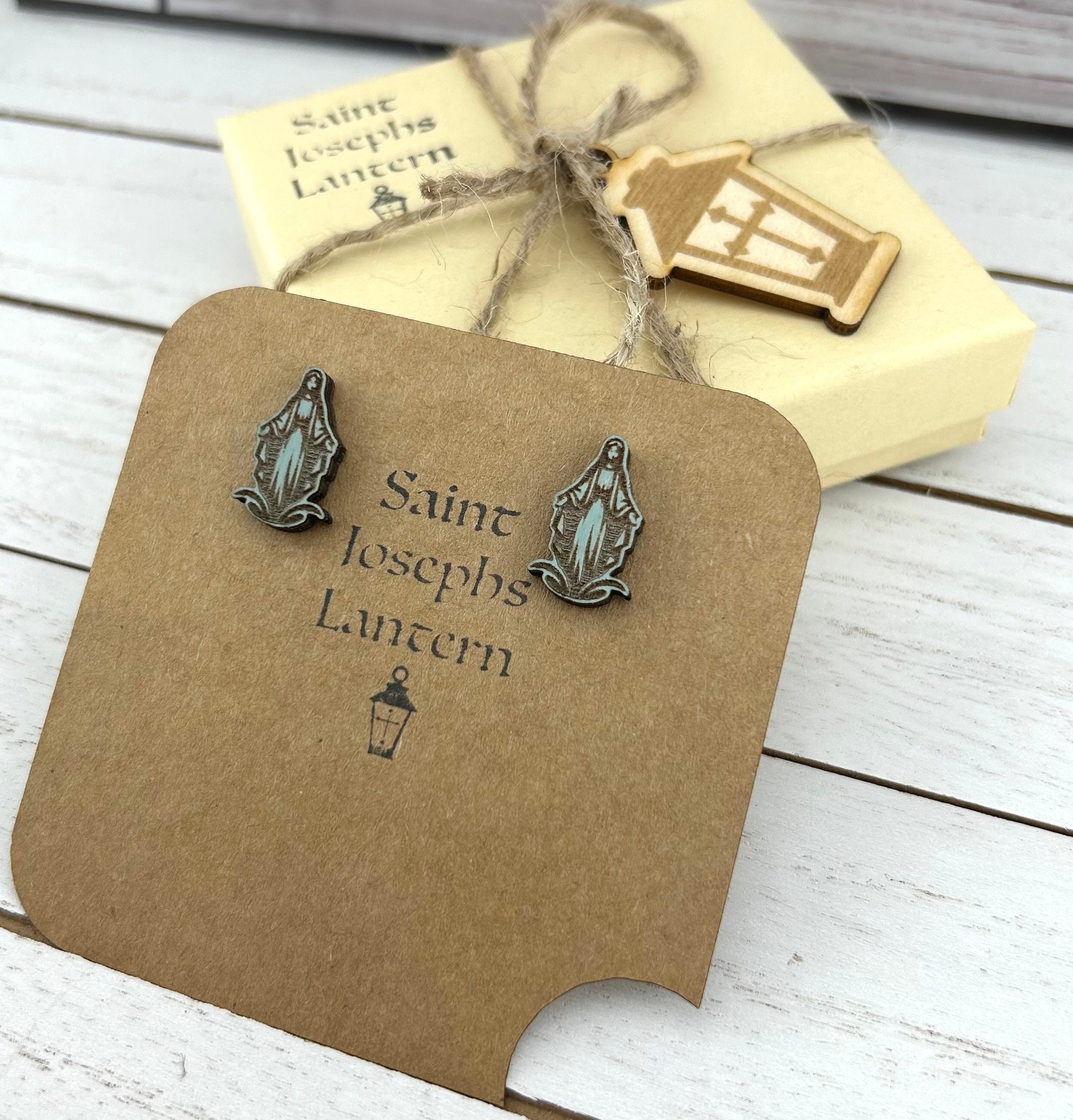 Virgin Mary Catholic Stud Earrings Wood Vintage Blue Catholic Jewelry ...