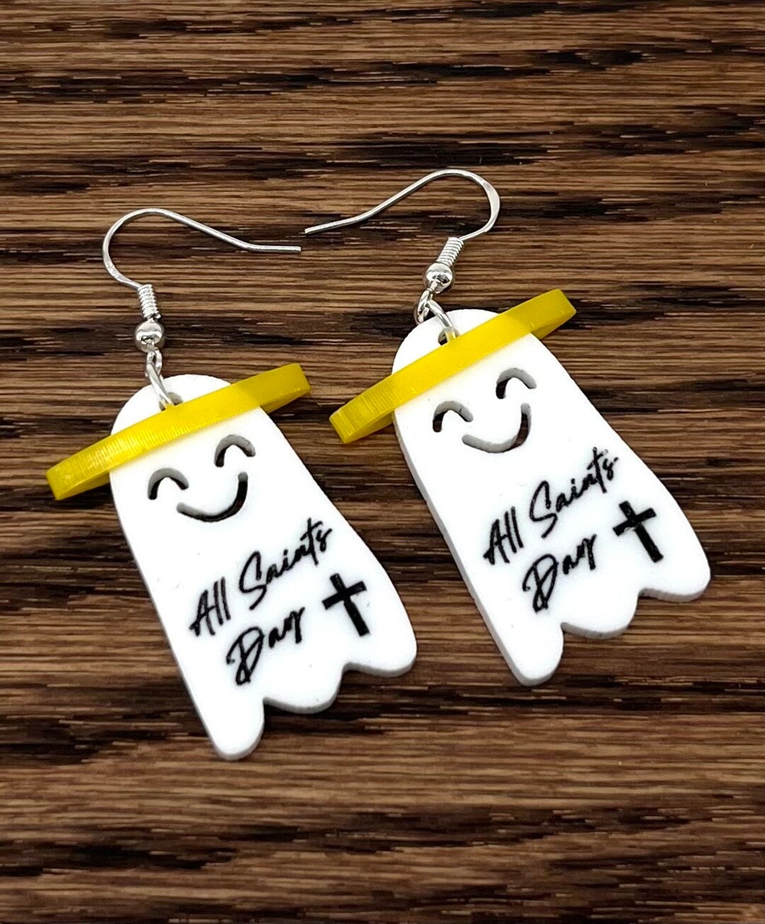 All Saints Day Cute Ghost With Yellow Halo. Laser Etched Dangle Drop ...