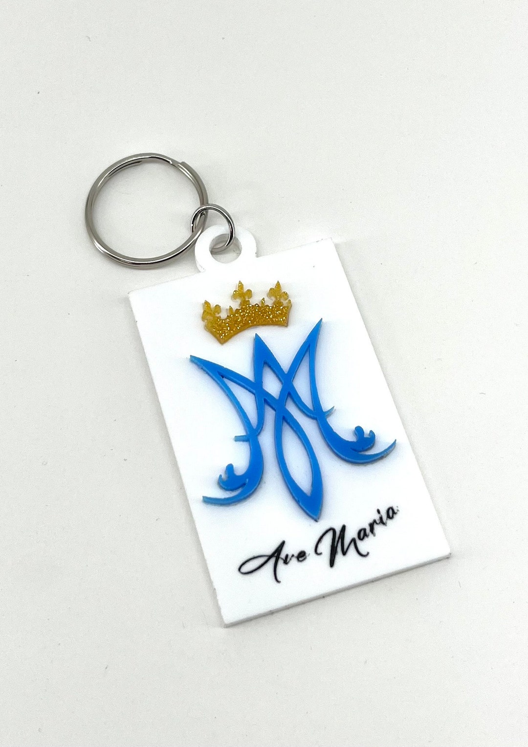 Virgin Mary, Ave Maria, Monogram Keychain Made From White, Blue and ...