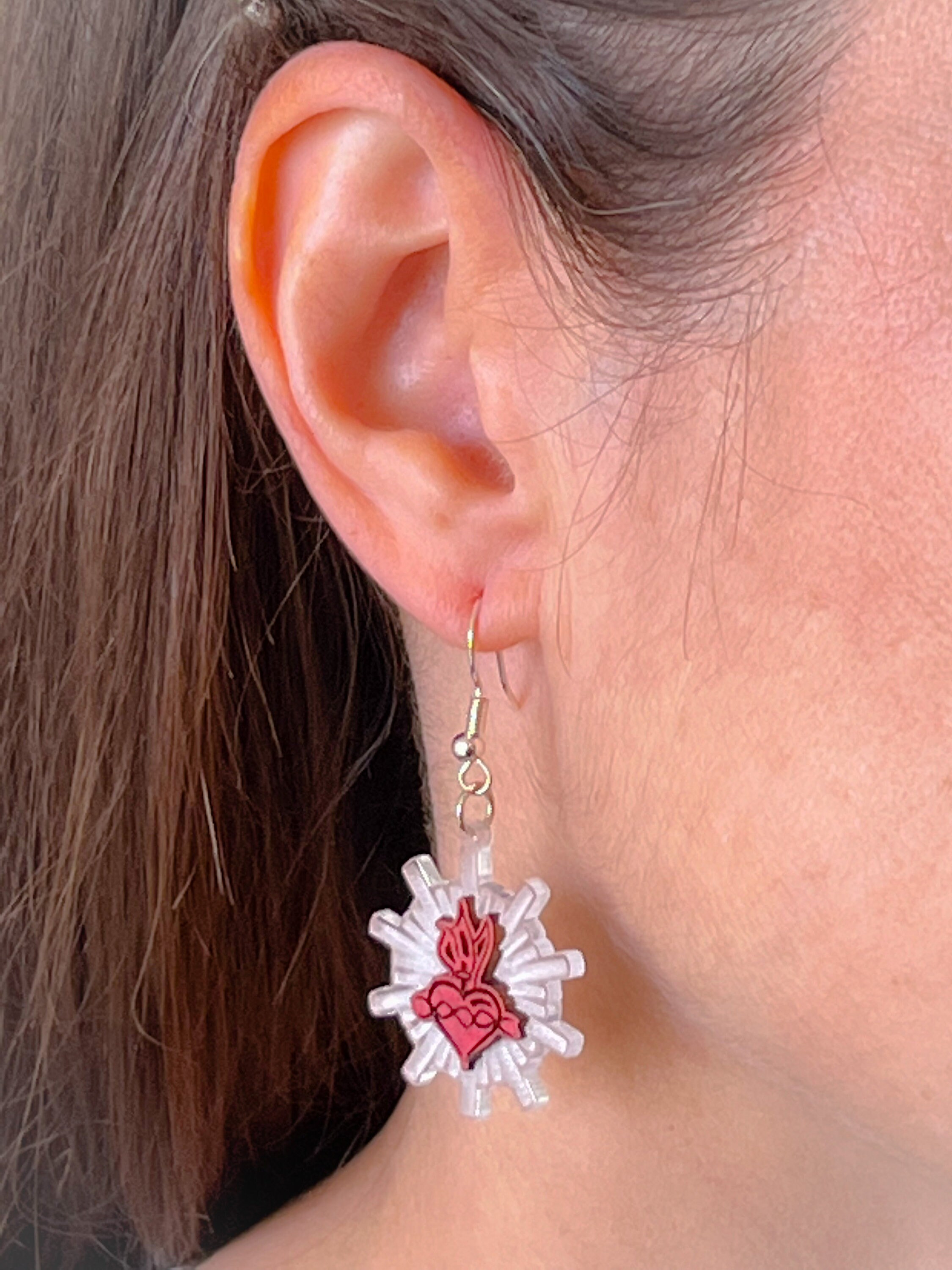 Sacred Heart of Jesus Earrings Dangle Drop Down Laser Etched Earrings ...