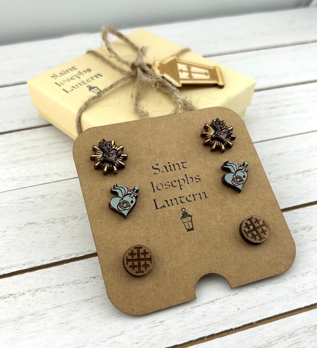 Catholic Stud Earrings, Sacred Heart of Jesus, Jerusalem Cross, and ...