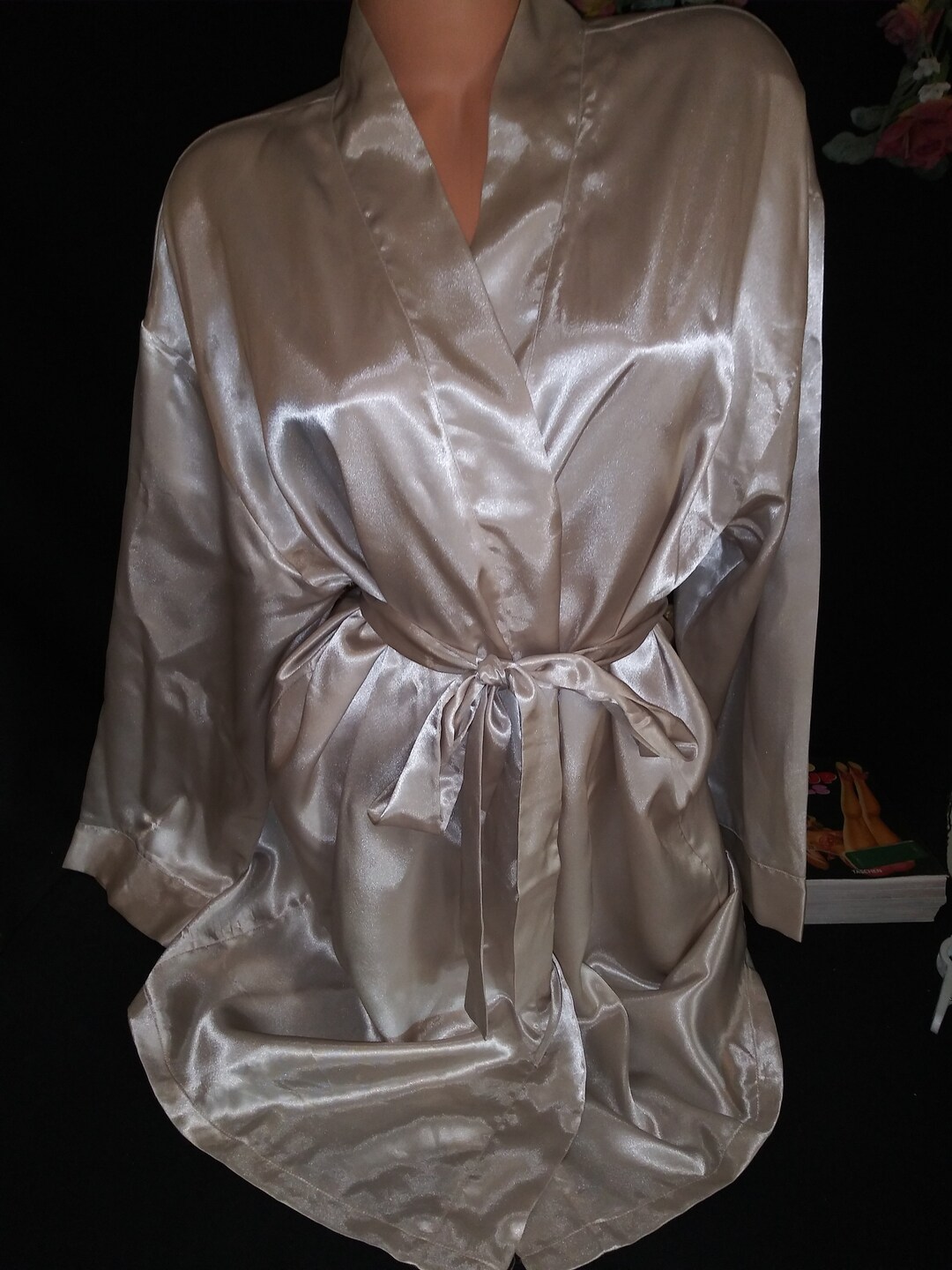 Vtg Satin Nightie Gown Sleep Robe Peignoir Short Dress Robe Sexy Smoot ...