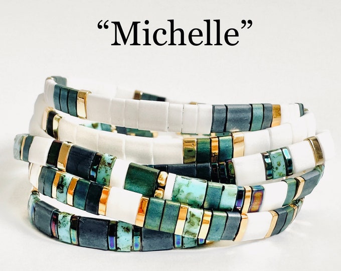 Michelle | Tila Stack Bracelets | BOHO Glass Tile Stretchy Bracelet ...