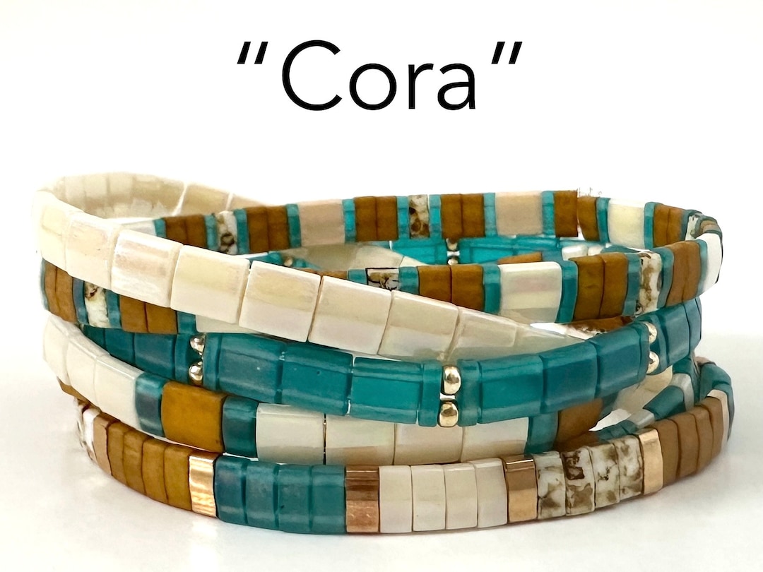 Cora | Tila Stack Bracelets | BOHO Glass Tile Stretchy Bracelet | Trendy Beaded Bracelets for ...
