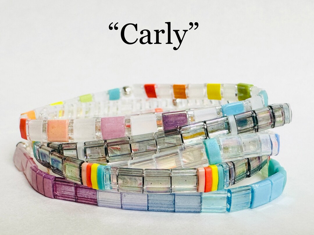 Carly | Tila Stack Bracelets | BOHO Glass Tile Stretchy Bracelet ...