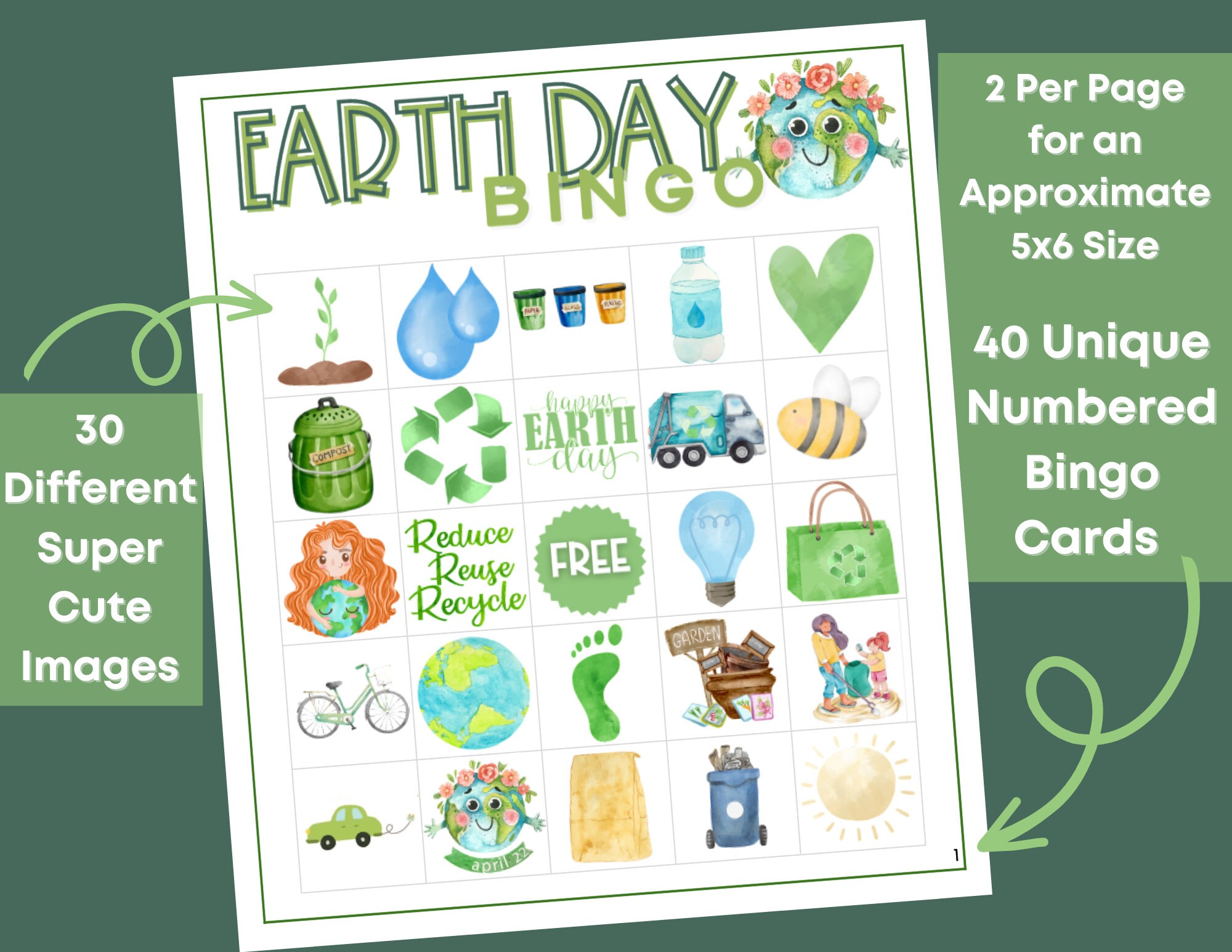 Earth Day Bingo, 40 Unique Instant Download Bingo Cards, Watercolor ...