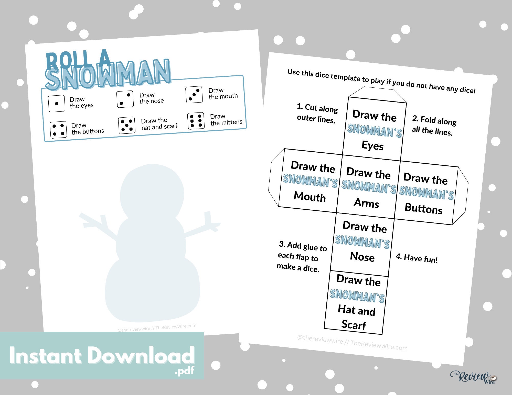 Roll A Snowman Printable Game and Printable Dice Kids Winter Game ...