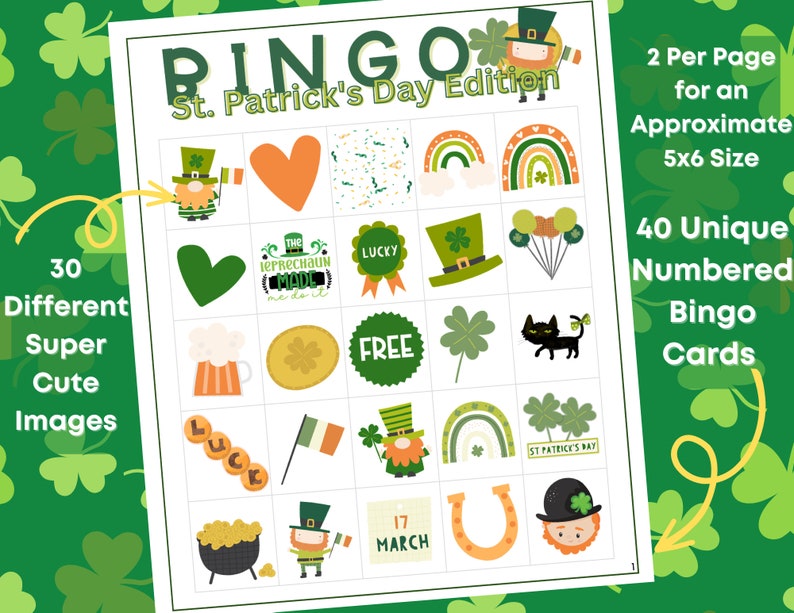 St. Patrick's Day Bingo Game St. Patrick's Day Printable Game Party ...