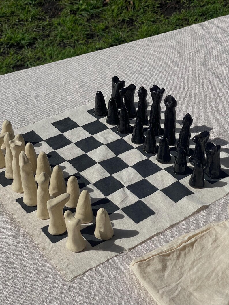 Ceramic Chess Set With Fabric Board - Etsy