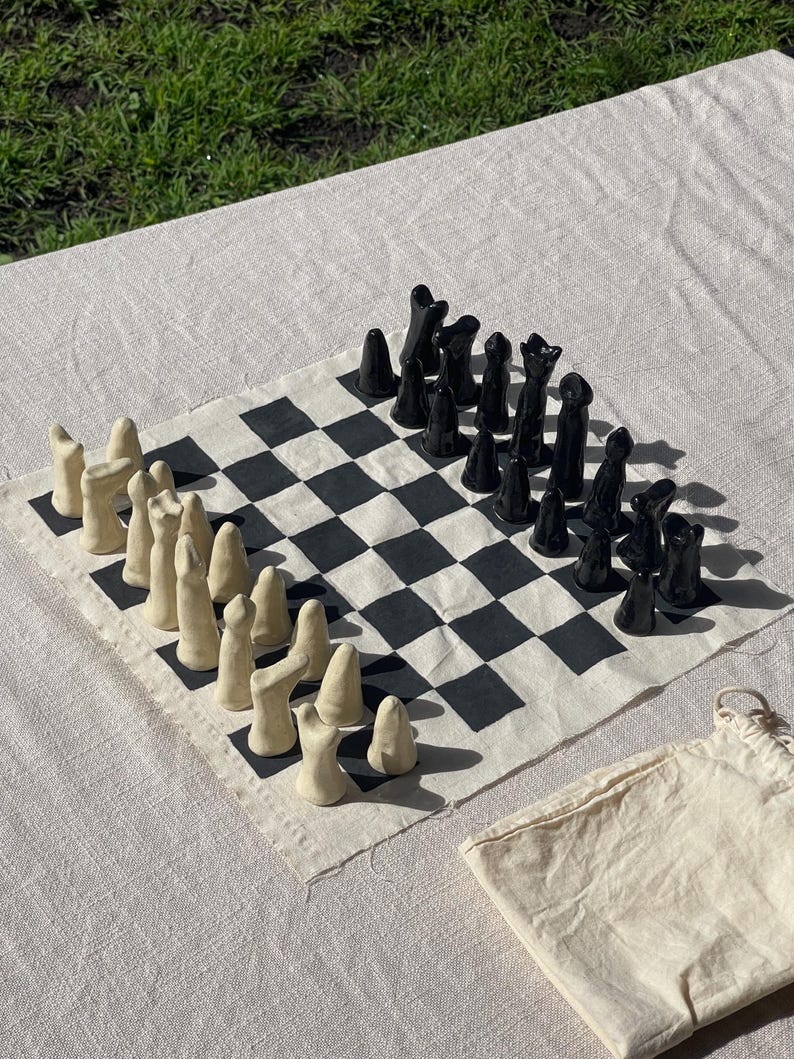 Ceramic Chess Set With Fabric Board - Etsy