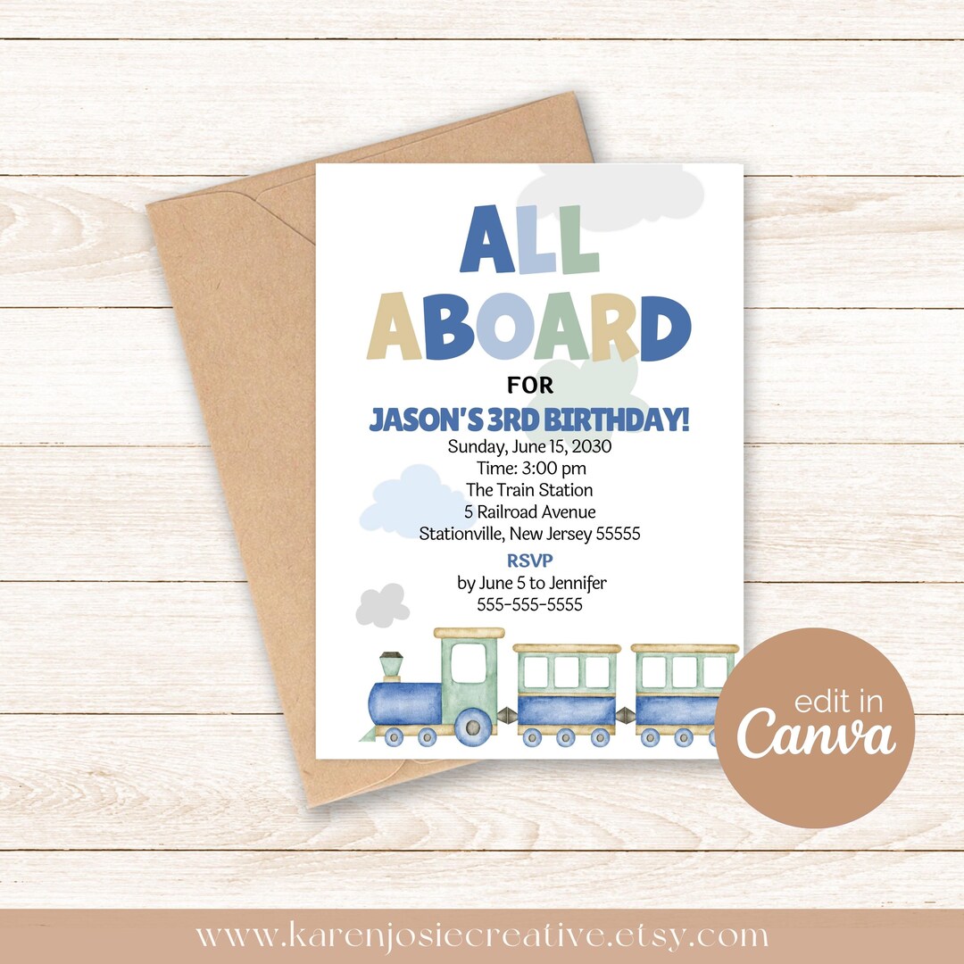 All Aboard Train Birthday Invitation - Editable Toy Train Party Invite ...