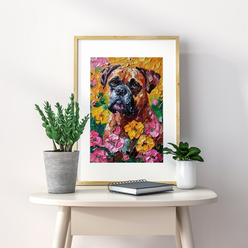 Boxer Oil Painting Art Print | Dog Portrait Flowers Poster | Dog Wall ...