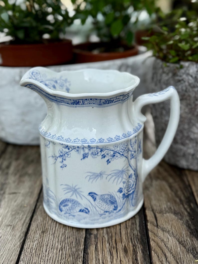 Antique Furnivals Blue & White Pitcher – Quail Floral Design, C. 1913 ...