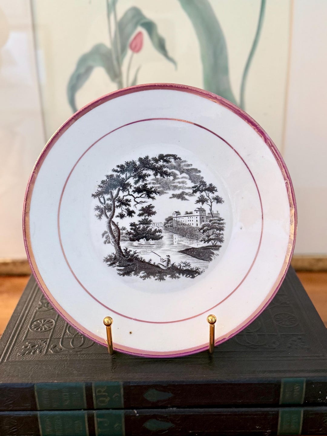 Antique English Pink Lustre Plate Black Transferware Staffordshire ...