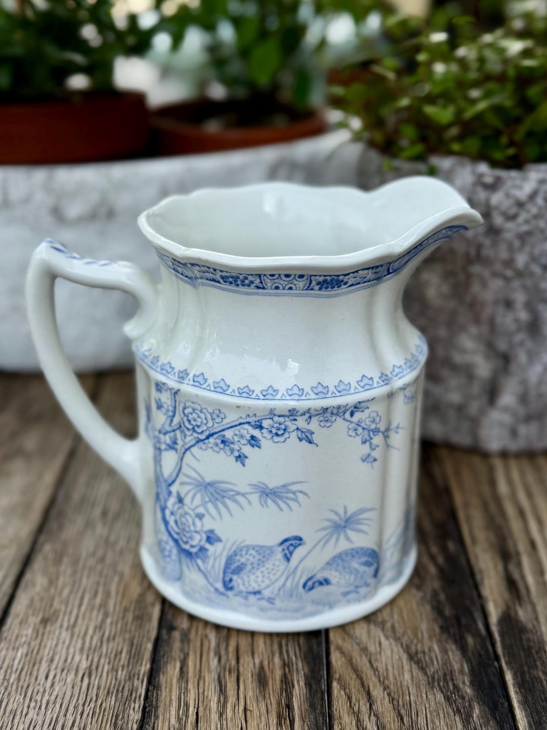 Antique Furnivals Blue & White Pitcher – Quail Floral Design, C. 1913 ...