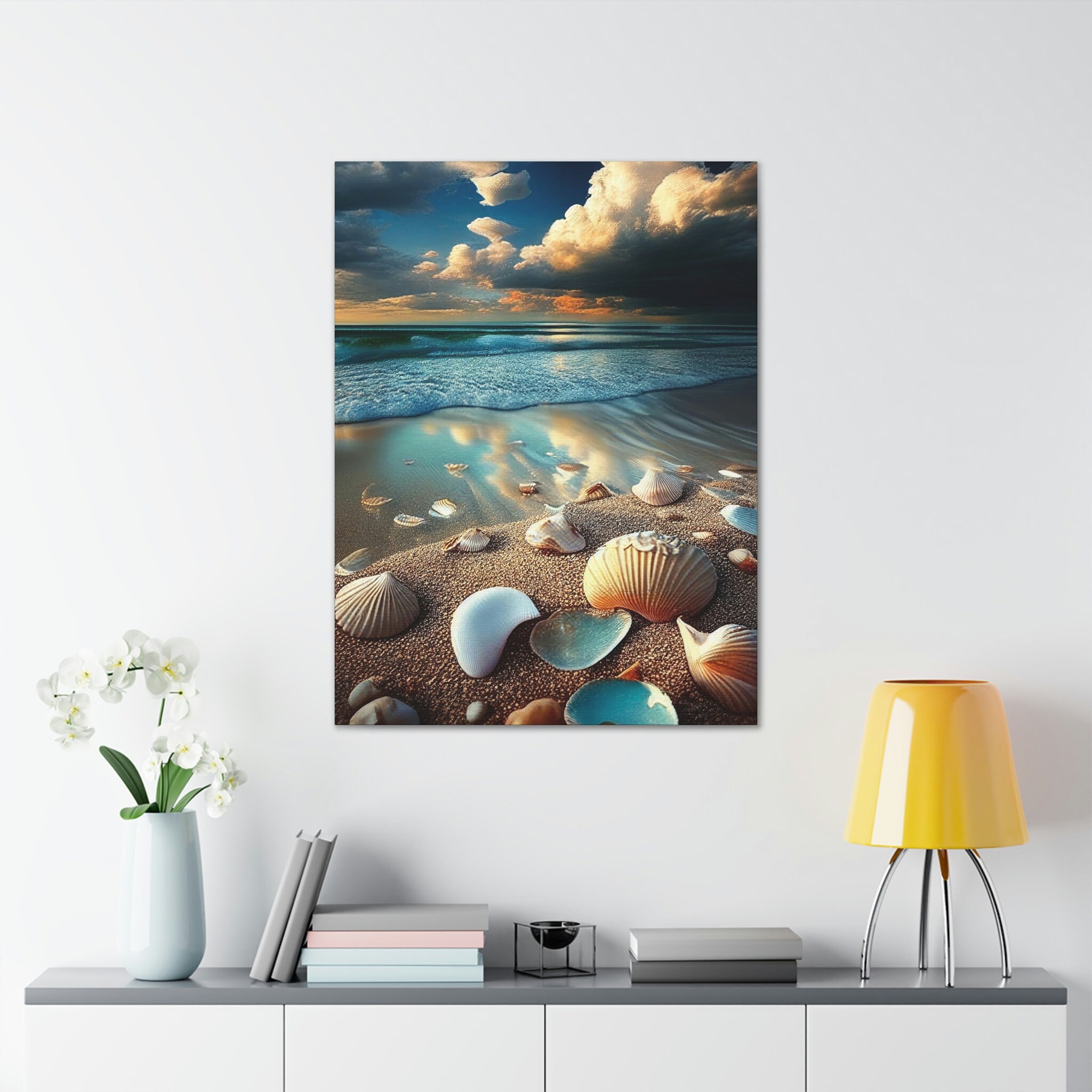 Canvas Print, Seashells Print, Beach Scene Wall Art, Sunset on Beach ...