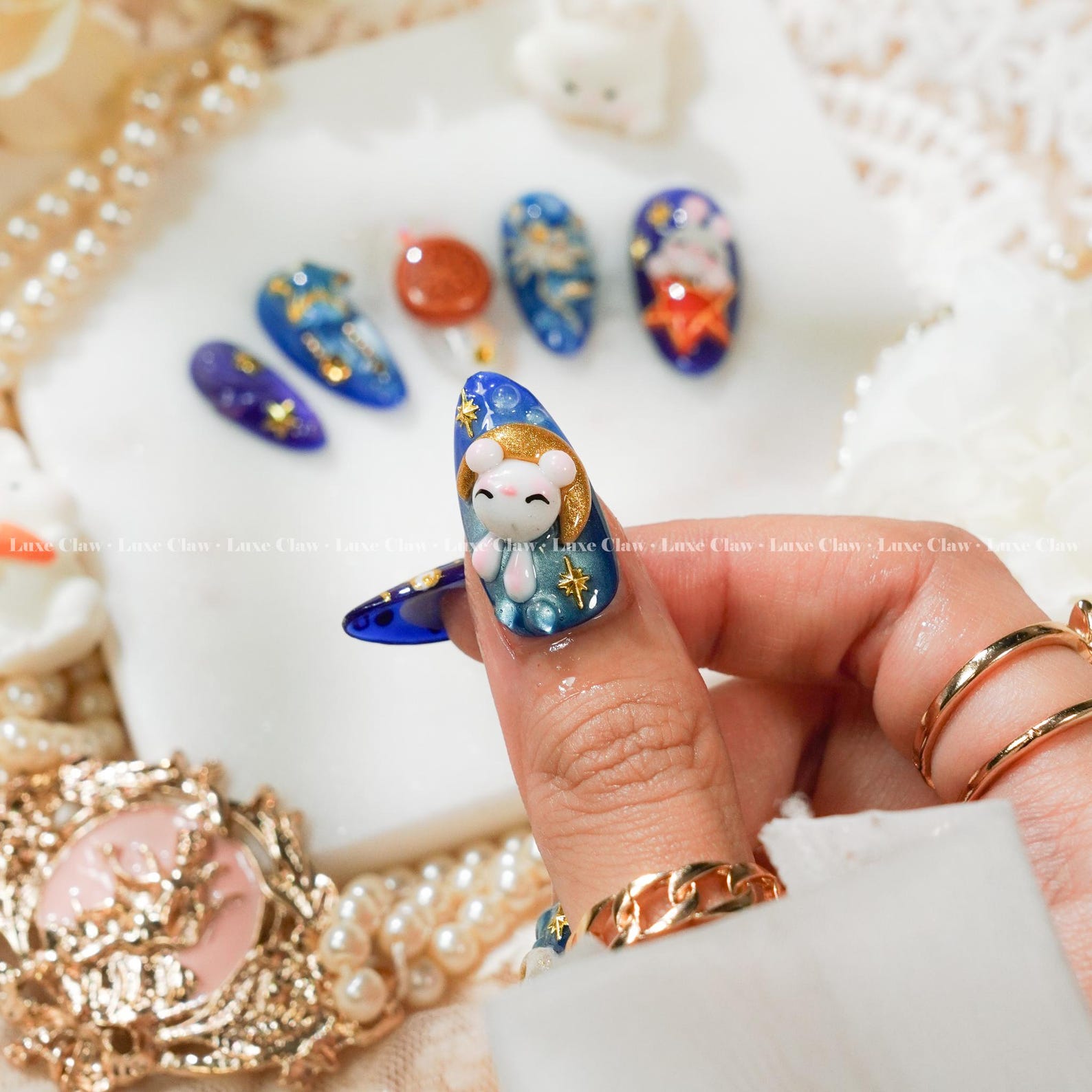 Moon Rabbit Press on Nails, Mid Autumn Festival, Mooncake Lantern, Blue ...