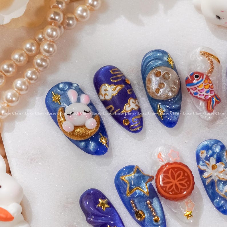 Moon Rabbit Press on Nails, Mid Autumn Festival, Mooncake Lantern, Blue ...