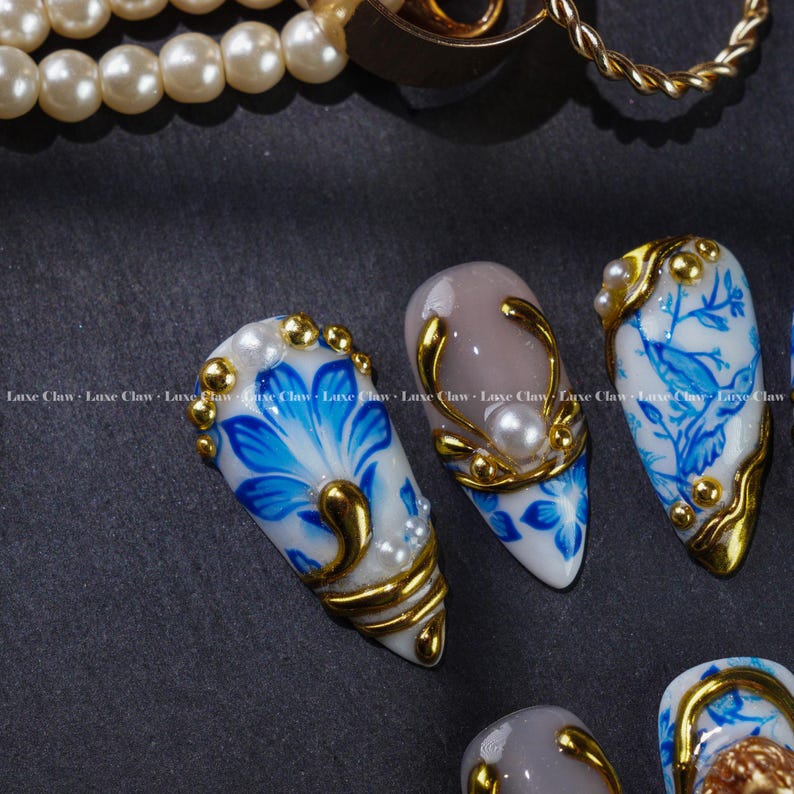 Blue Porcelain Press on Nails, Chinoiserie Floral, Delft Blue, Gold ...