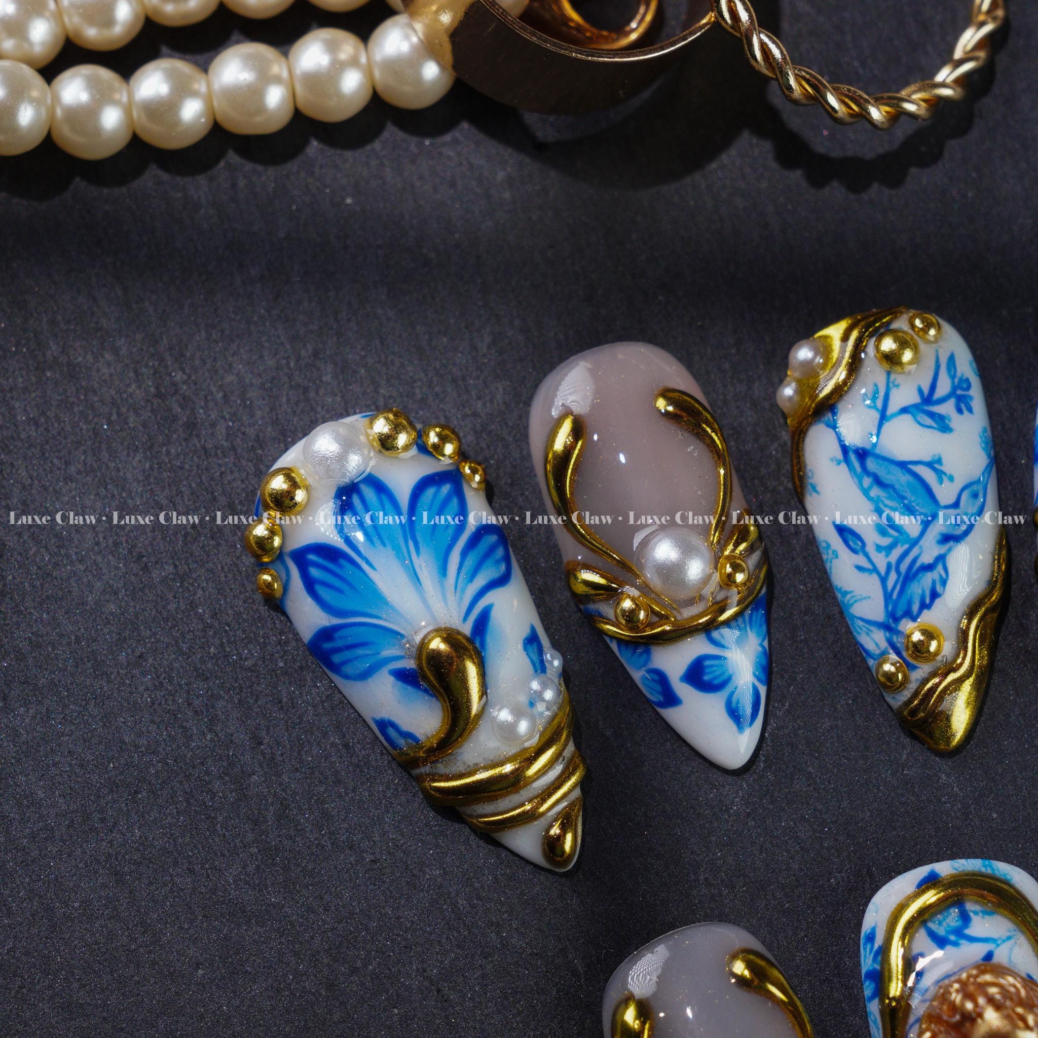 Blue Porcelain Press on Nails, Chinoiserie Floral, Delft Blue, Gold ...