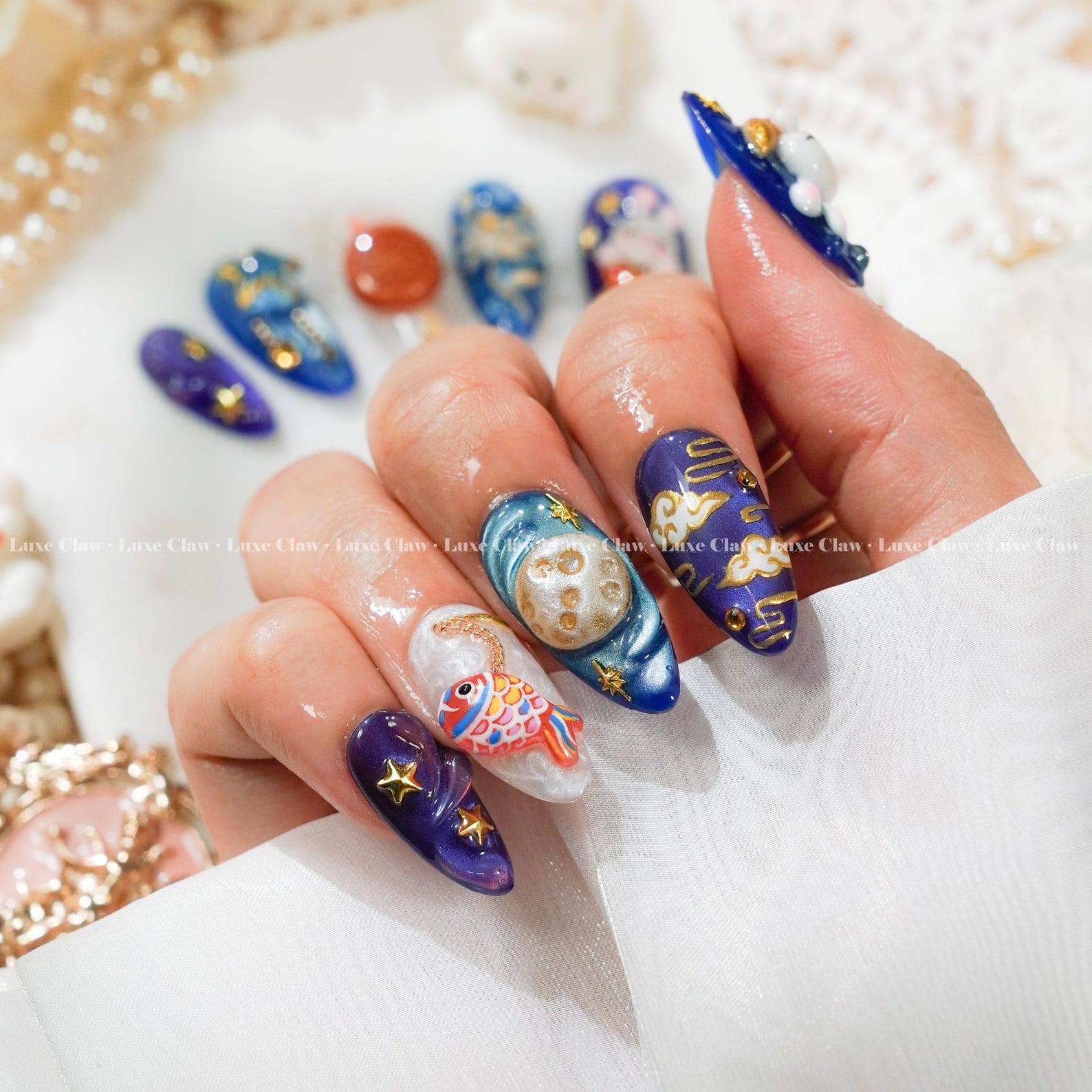 Moon Rabbit Press on Nails, Mid Autumn Festival, Mooncake Lantern, Blue ...