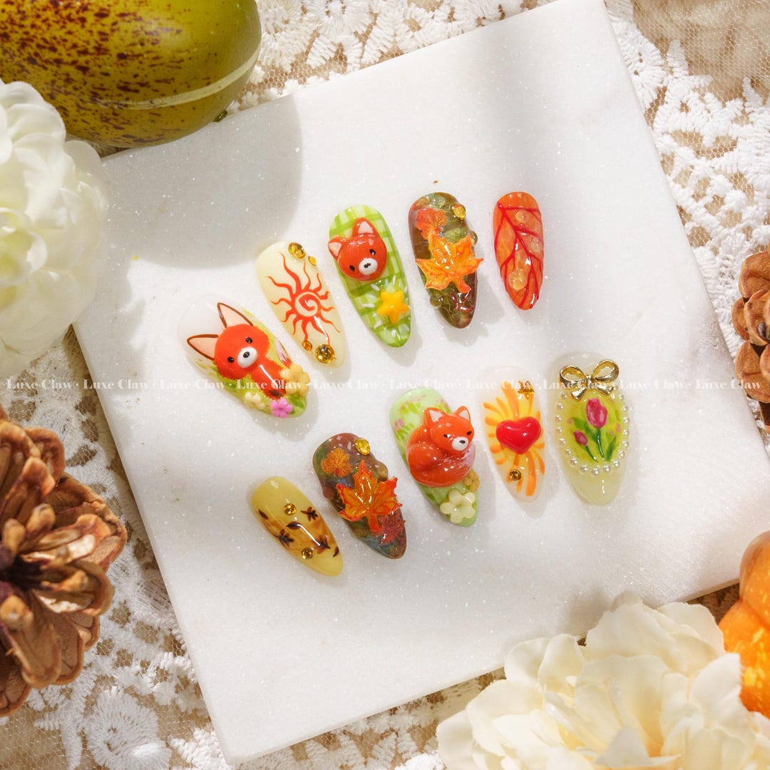 Autumn Fox Press on Nails, 3D Kawaii Animal Nail Art, Fall Woodland ...