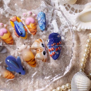 Ocean Animal Press on Nails, 3D Sea Cat & Fish Nail Art, Cute Summer ...