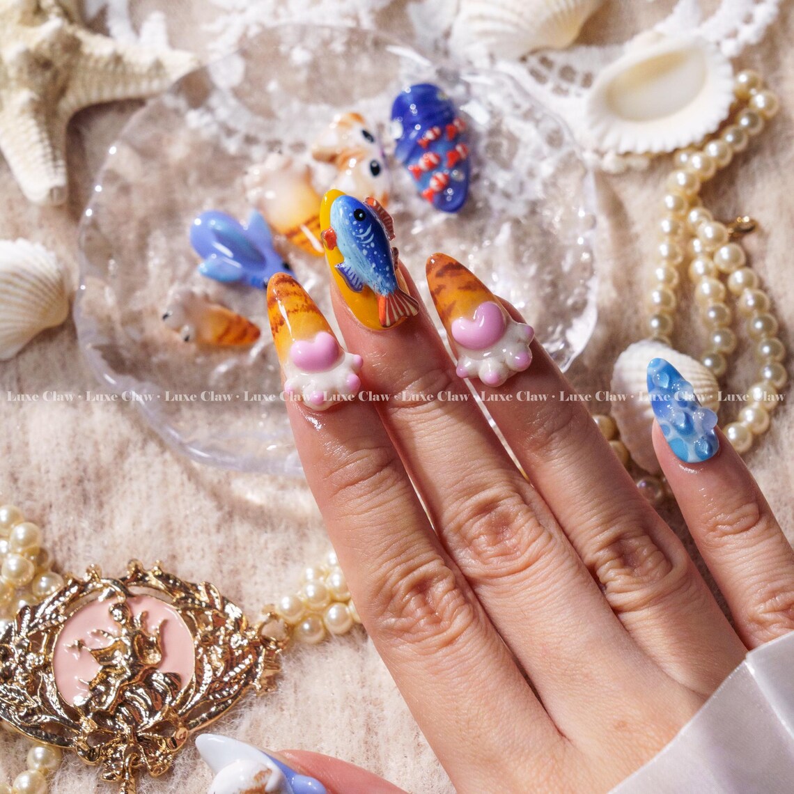 Ocean Animal Press on Nails, 3D Sea Cat & Fish Nail Art, Cute Summer ...
