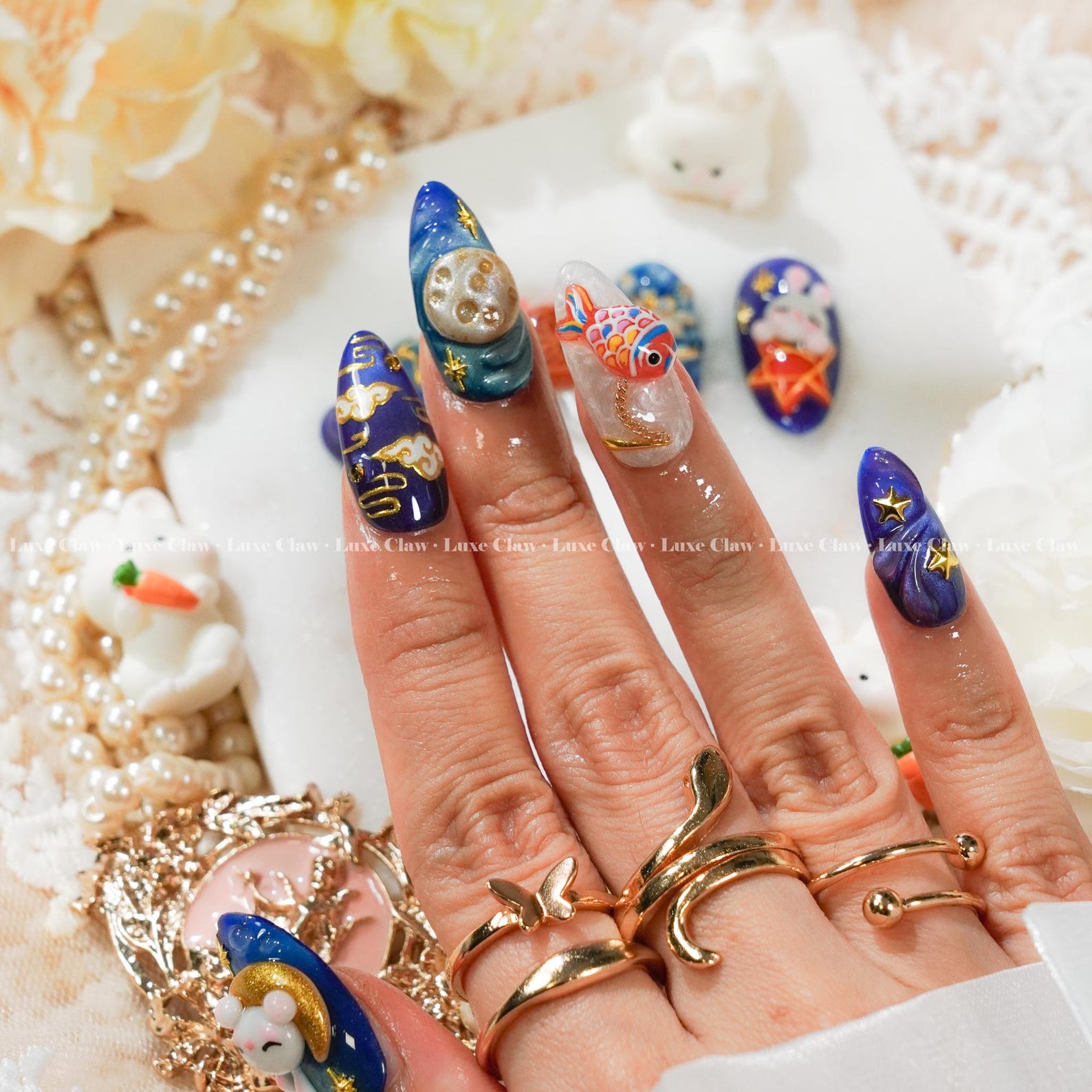 Moon Rabbit Press on Nails, Mid Autumn Festival, Mooncake Lantern, Blue ...
