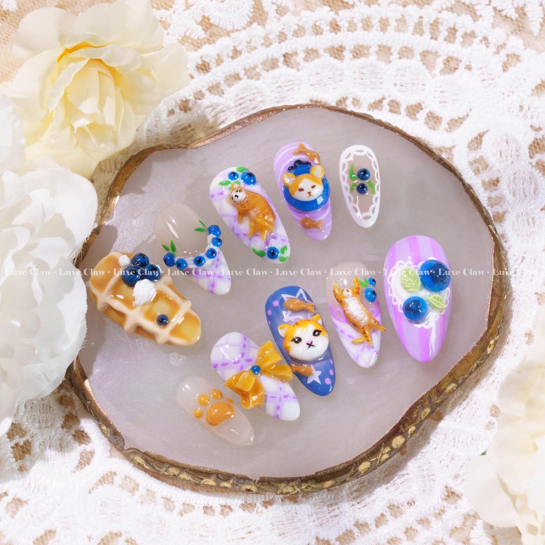 Cute Cat Press on Nails, 3D Kitty Nail Art, Pastel Purple Nails ...