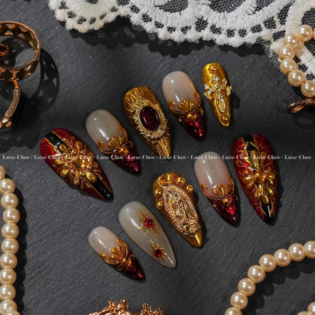Red Gold Gothic Press on Nails, Luxury Baroque Nails, Cross Design ...
