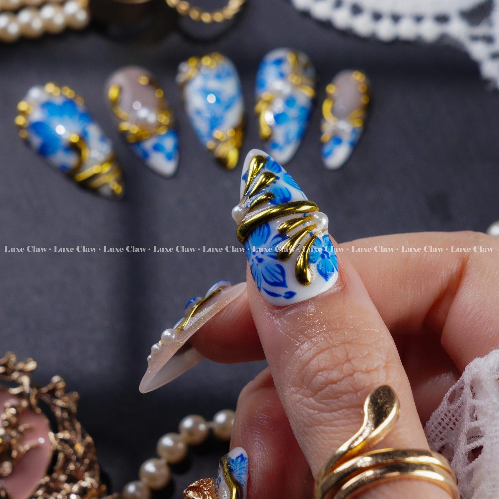 Blue Porcelain Press on Nails, Chinoiserie Floral, Delft Blue, Gold ...