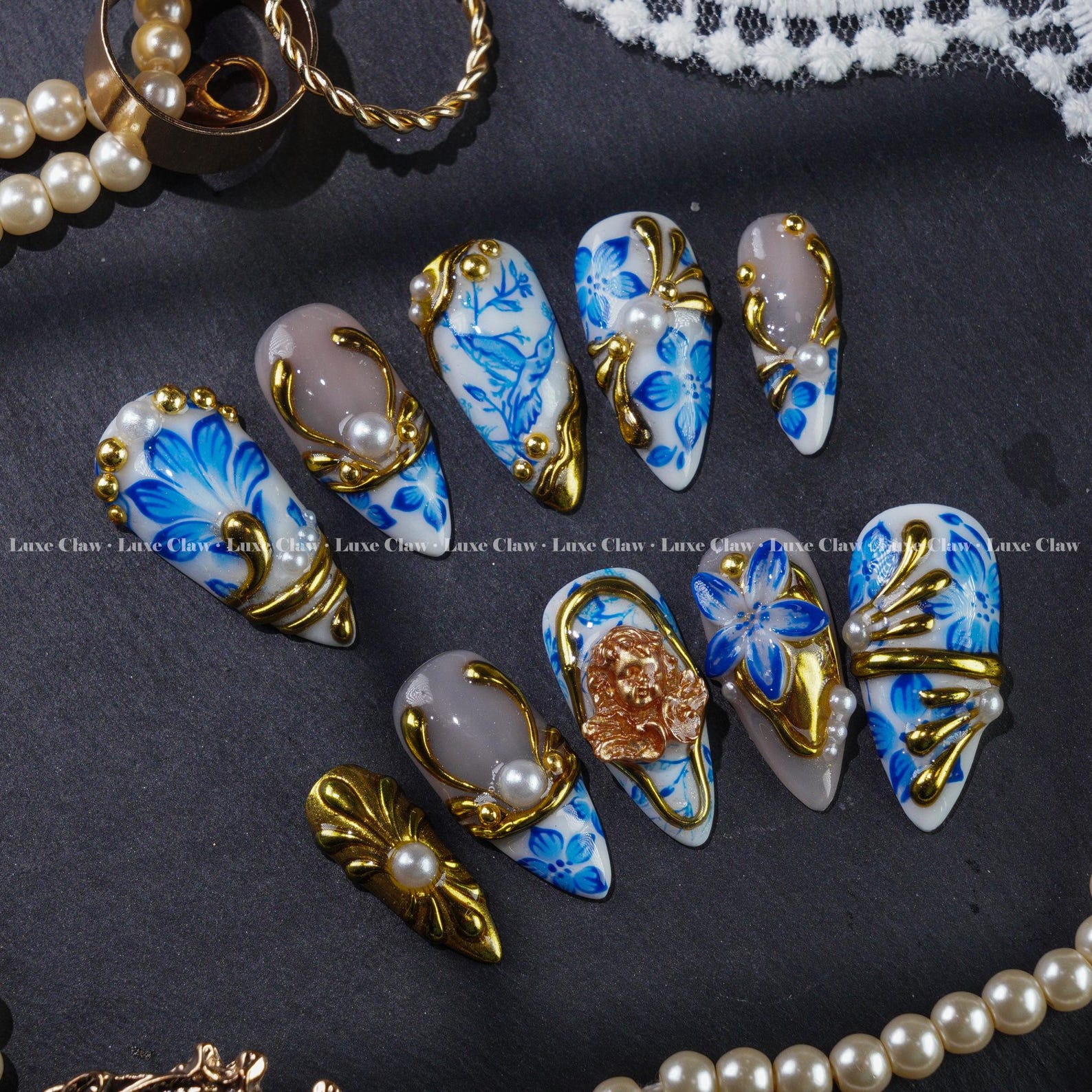 Blue Porcelain Press on Nails, Chinoiserie Floral, Delft Blue, Gold ...