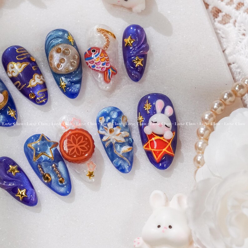 Moon Rabbit Press on Nails, Mid Autumn Festival, Mooncake Lantern, Blue ...