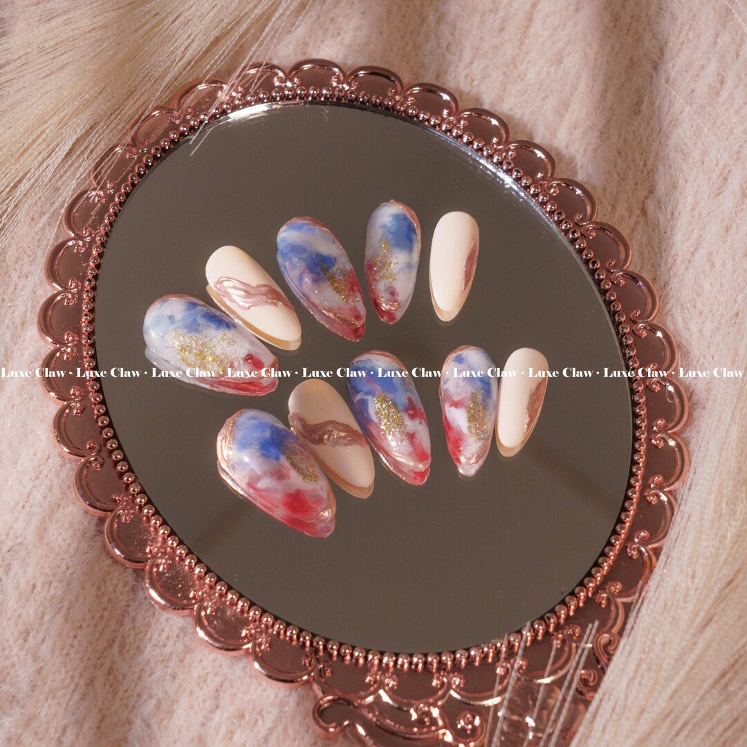 Red and Blue Granite Marble Hand-painted Art Reusable Stick on Nails ...