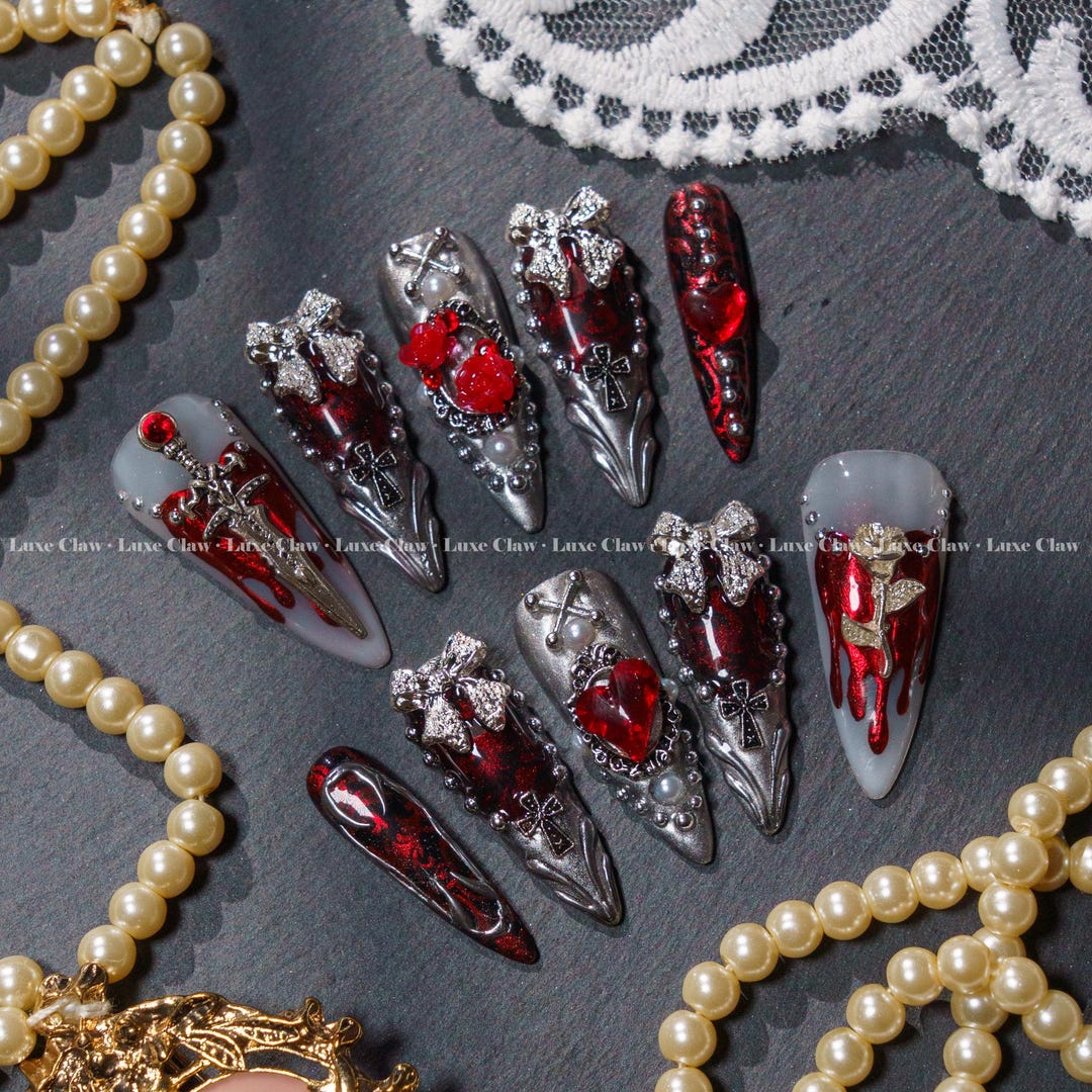 Gothic Vampire Press on Nails, 3D Cross & Blood Red Gem Nail Art With ...