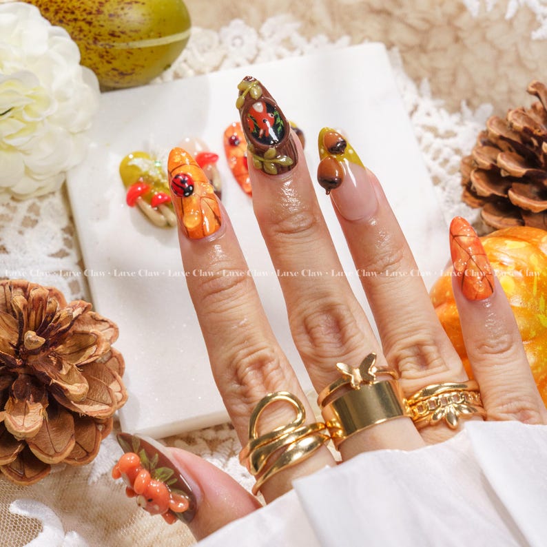 Fall Squirrel Press on Nails, Autumn 3D Acorn Ladybug, Orange Brown ...
