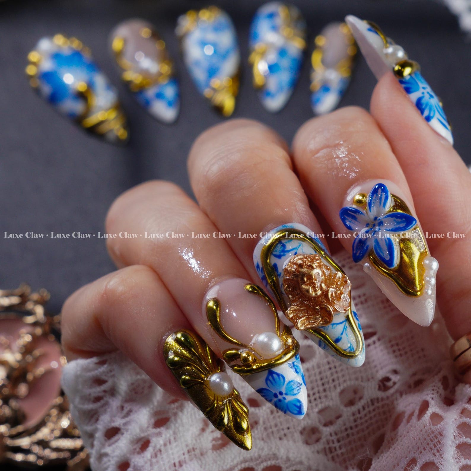 Blue Porcelain Press on Nails, Chinoiserie Floral, Delft Blue, Gold ...