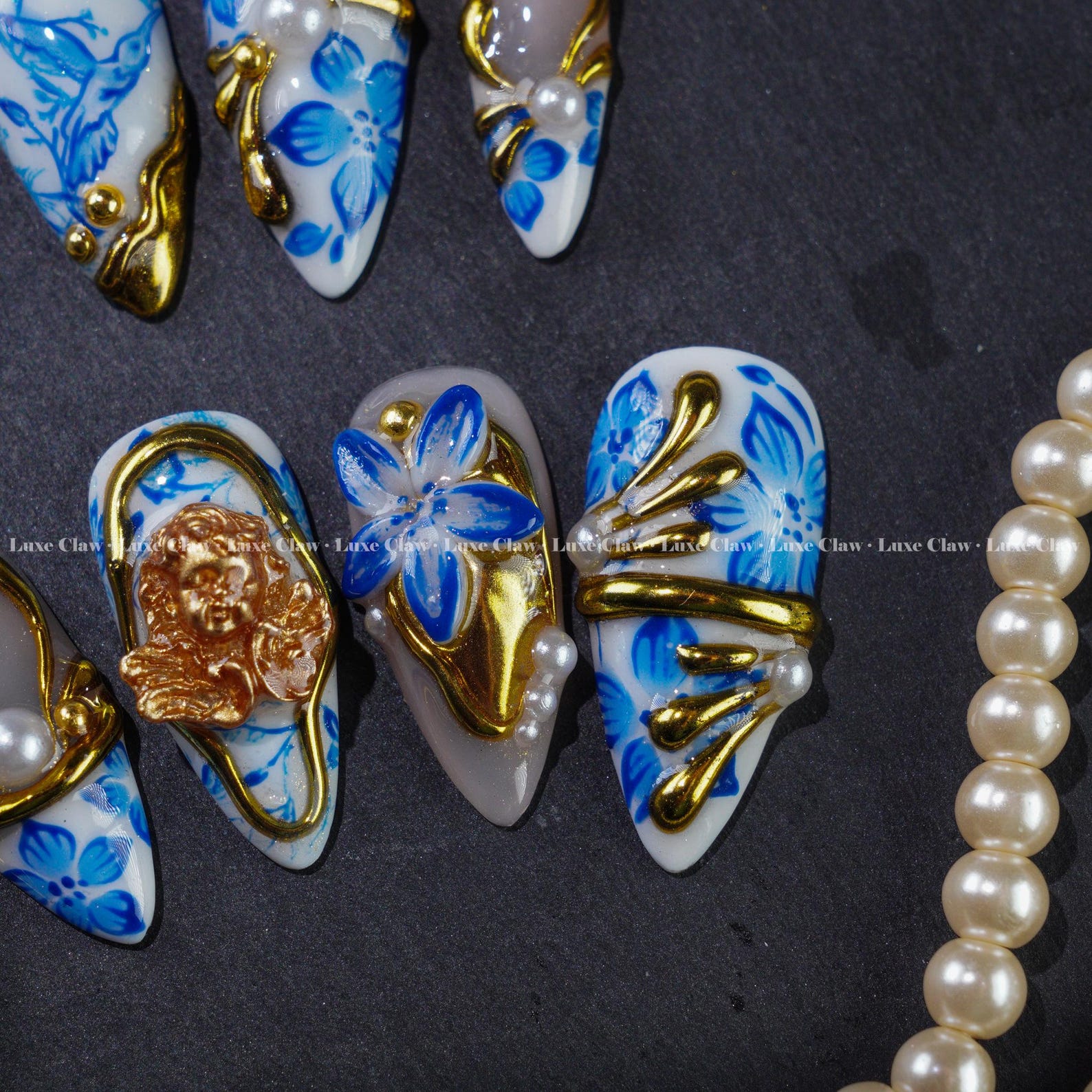 Blue Porcelain Press on Nails, Chinoiserie Floral, Delft Blue, Gold ...